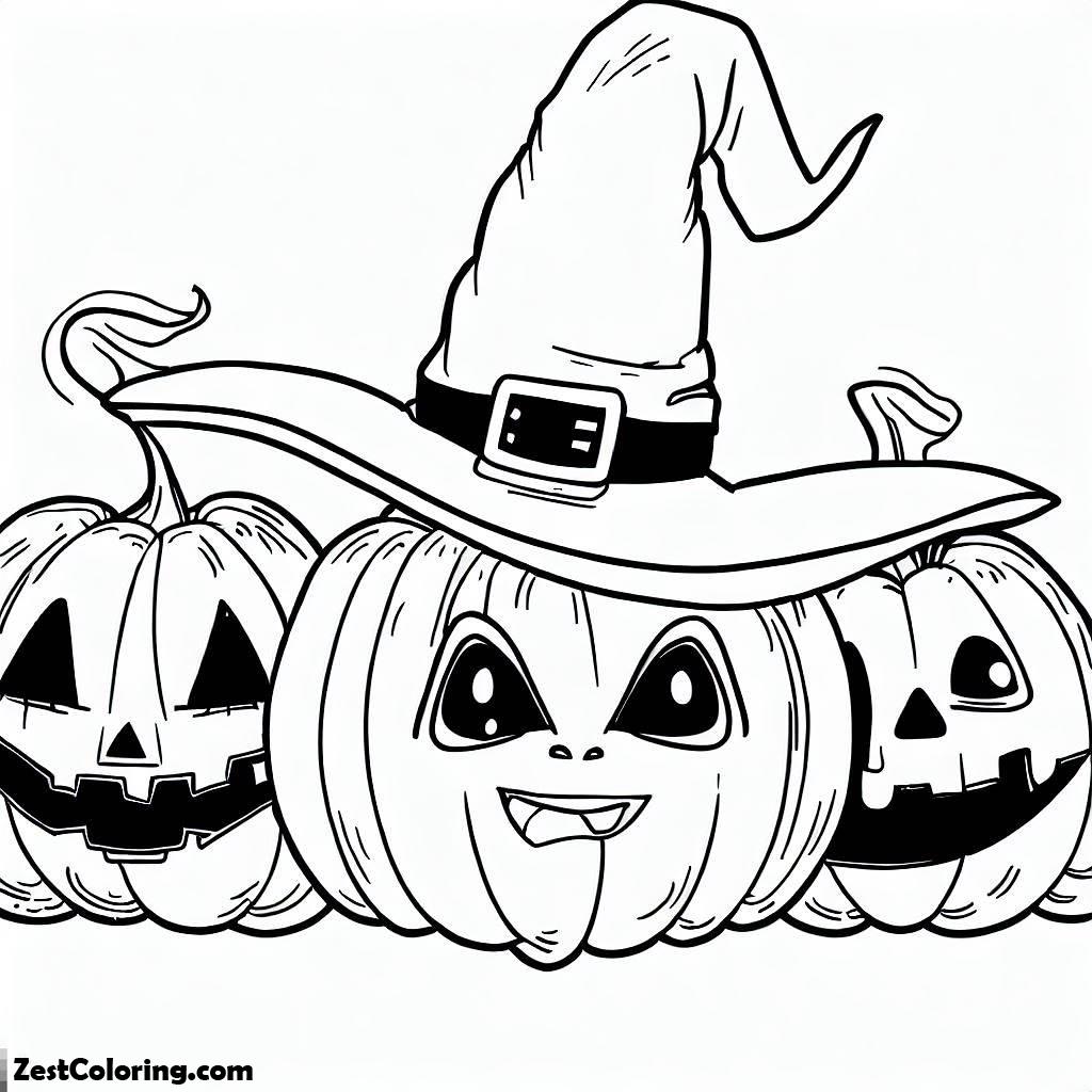 Halloween Pumpkins Wearing Witch Hat Coloring Page : Coloring for Kids ...