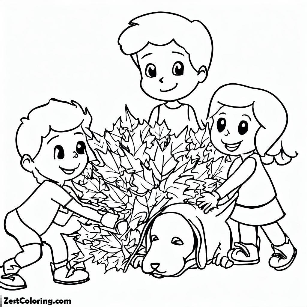 Kids And Dog Collecting Autumn Leaf Coloring Page : Coloring for Kids ...