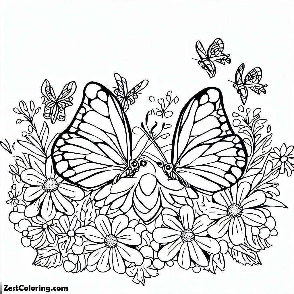 Many Butterflies Playing Around The Flowers Coloring Page : Coloring ...