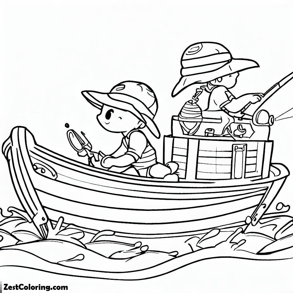 Two Kids Fishing On Boat At Summertime Coloring Page : Coloring for ...