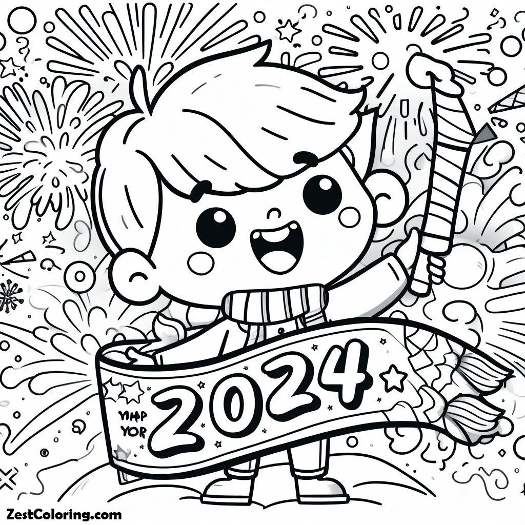 A Joyful And Happy 2024 New Year Coloring Page : Coloring for Kids ...