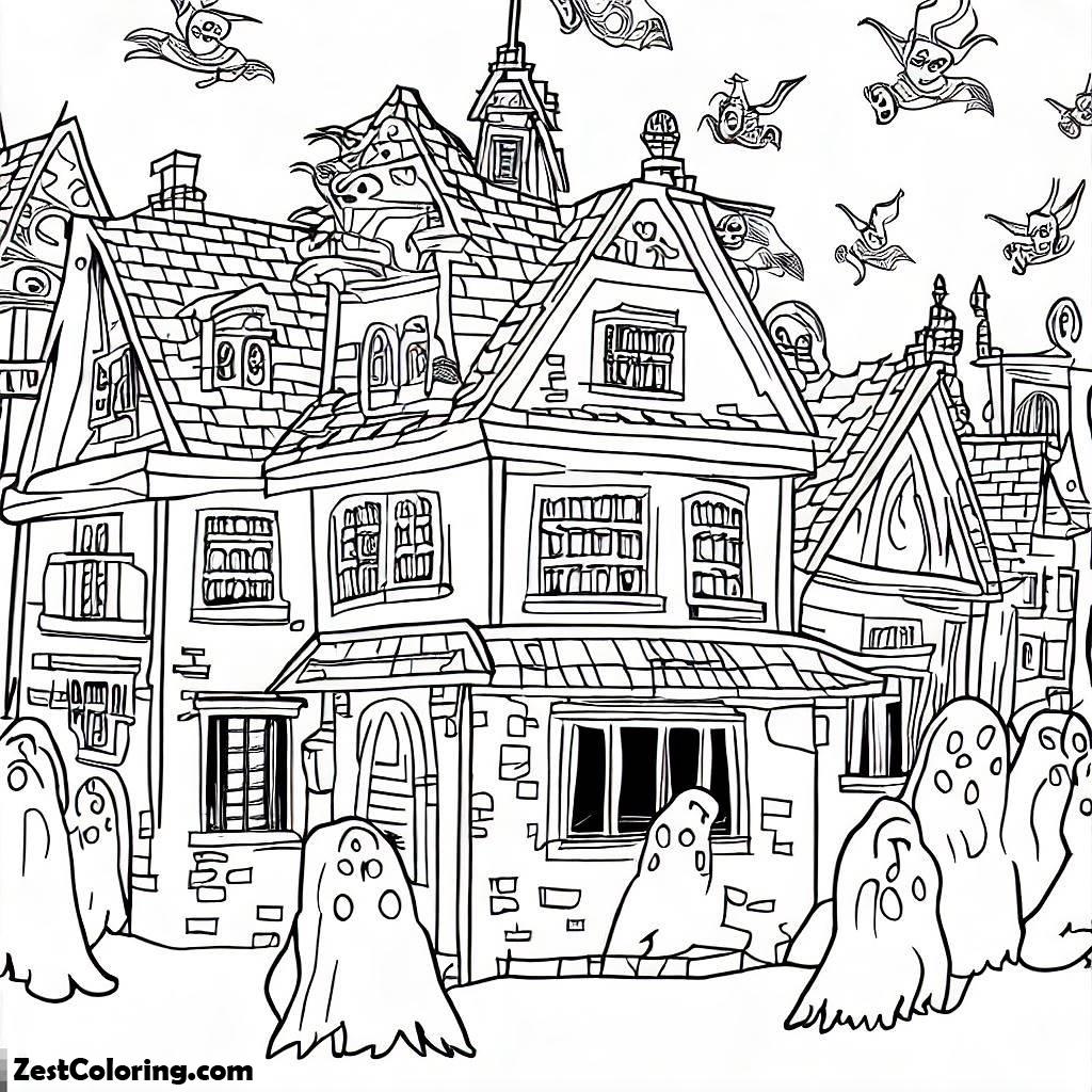Haunted Houses With Many Ghost Coloring Page : Coloring for Kids ...
