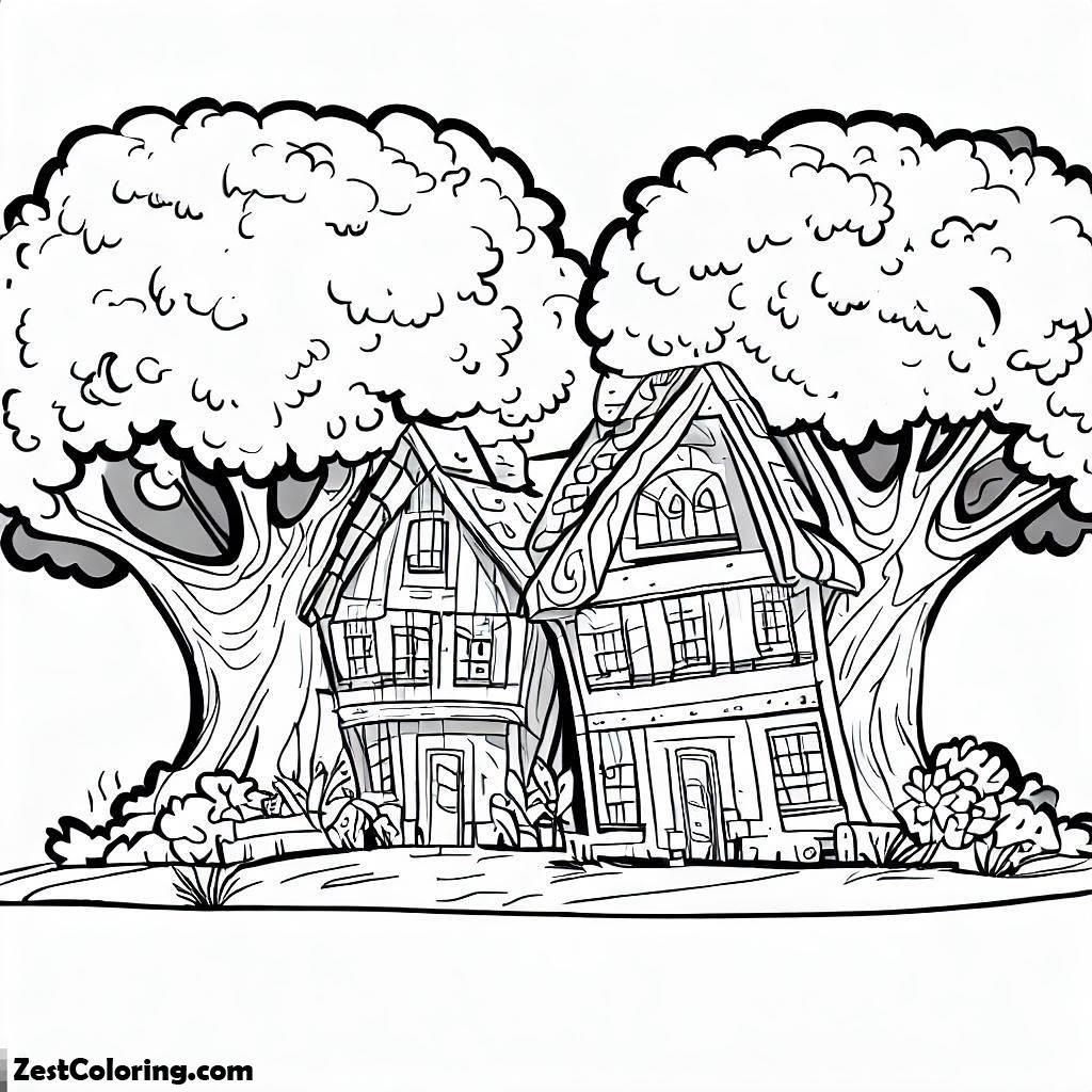 Houses With Two Big Trees Coloring Page : Coloring for Kids – Smart ...