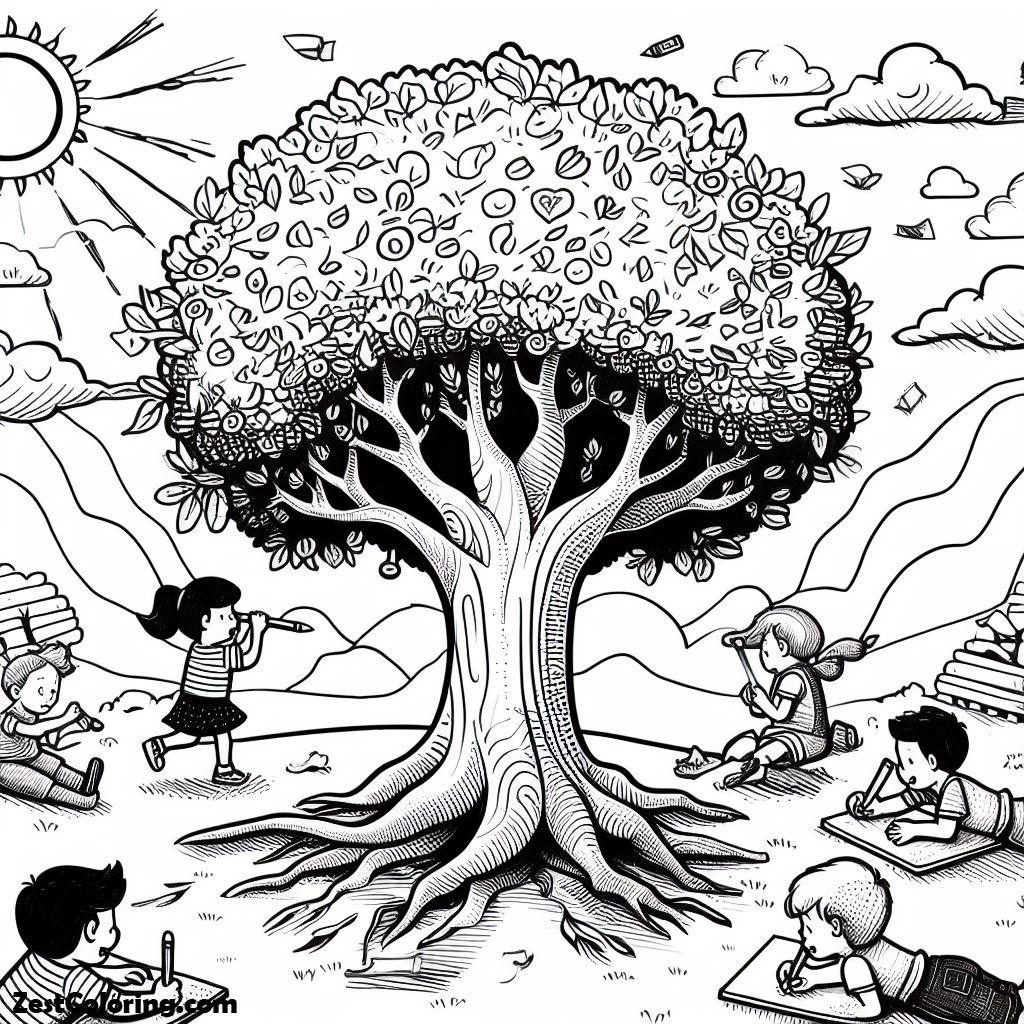 Kids Draw And Play Under An Oak Tree Coloring Page : Coloring for Kids ...