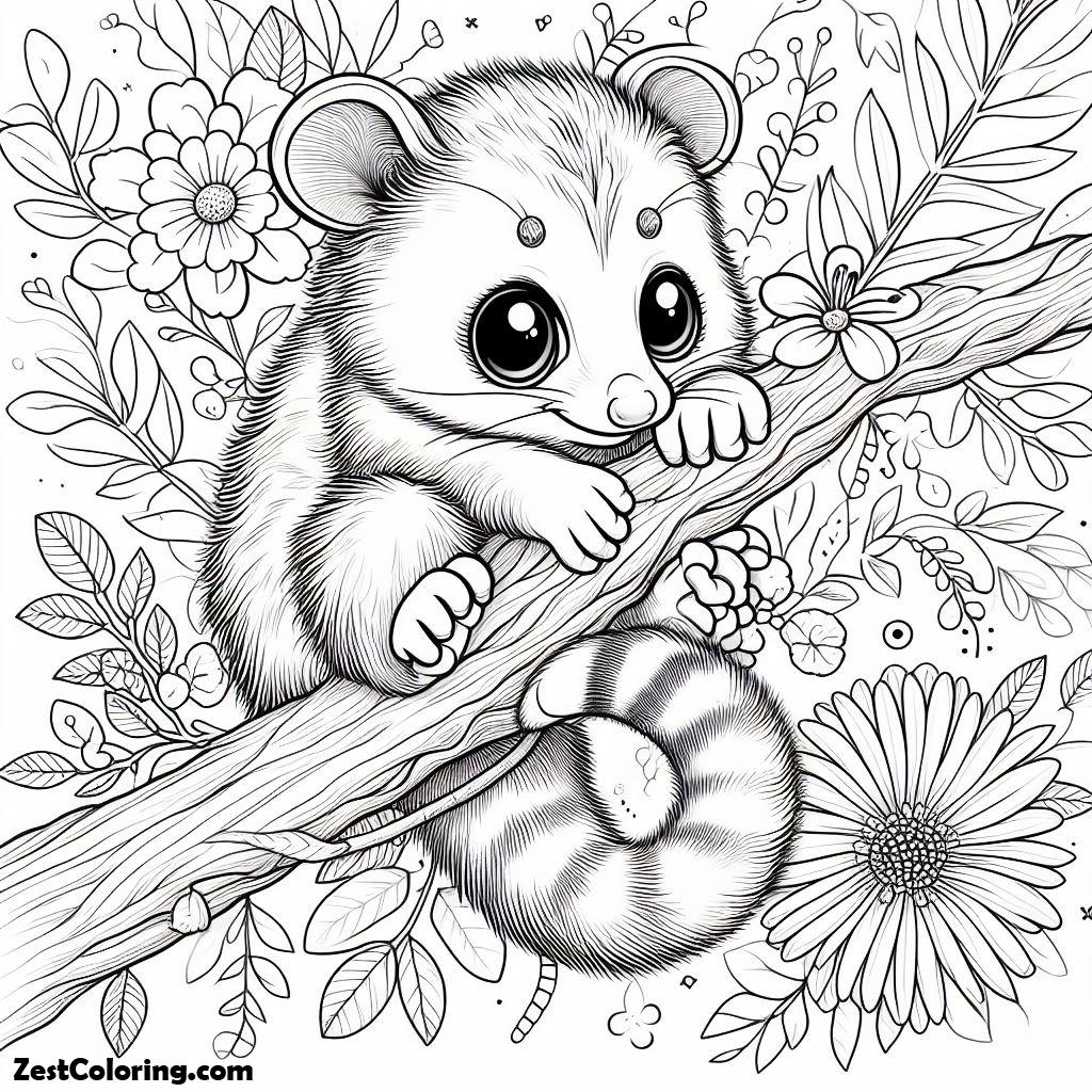 Smiling Possum Hanging On The Branch Coloring Page : Coloring for Kids ...