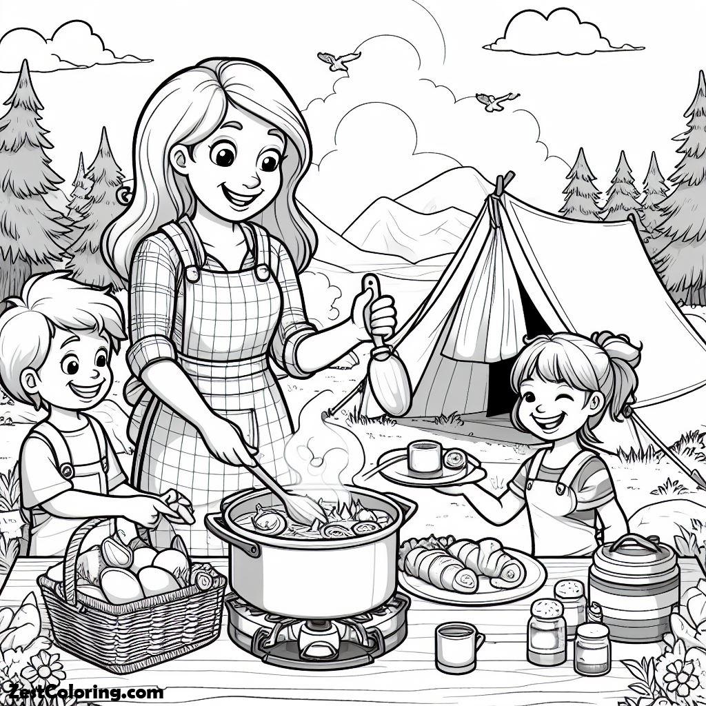 Helping Mother Cooking At Camping Coloring Page 2 : Coloring for Kids ...