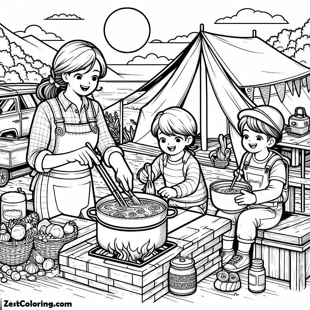 Helping Mother Cooking At Camping Coloring Page : Coloring for Kids ...