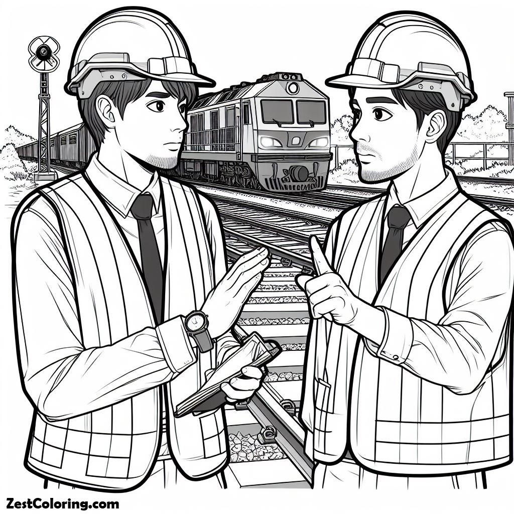 Two Workers Discuss For Railroad Safety Coloring Page : Coloring for ...