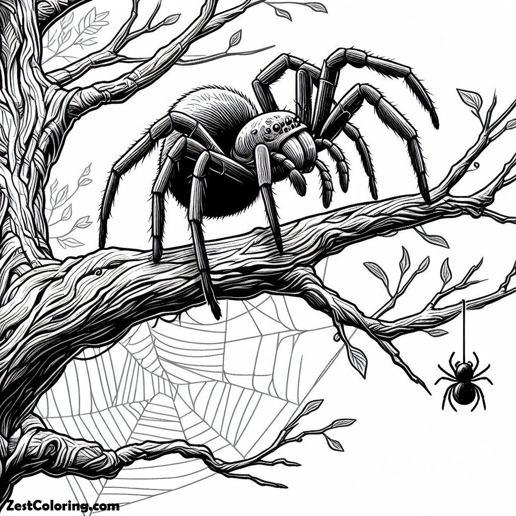 A Big Spider And A Liitle Spider On Tree Branch Coloring Page ...