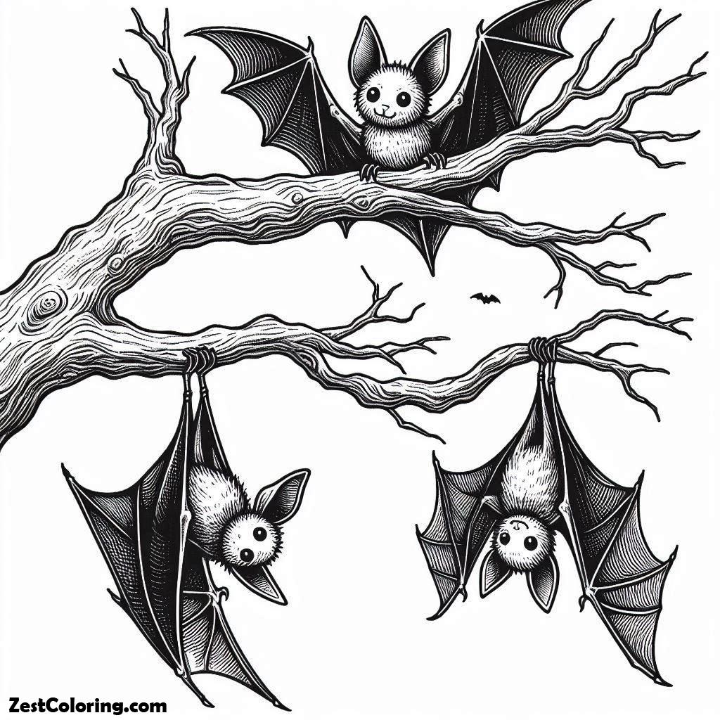 Bats Hanging On Tree Branch Coloring Page : Coloring for Kids – Smart ...