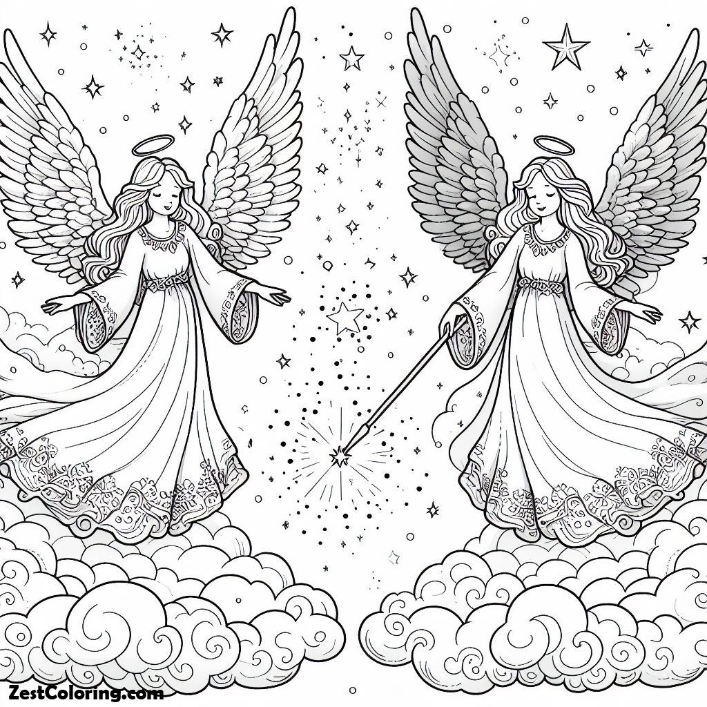 Beautiful Winged Angels With Magic Wand Coloring Page : Coloring for ...