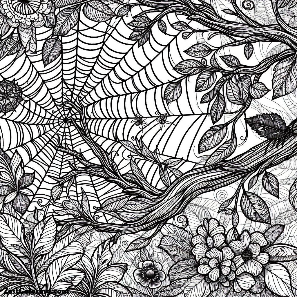 Spider Web Between Tree Branch Coloring Page : Coloring for Kids ...