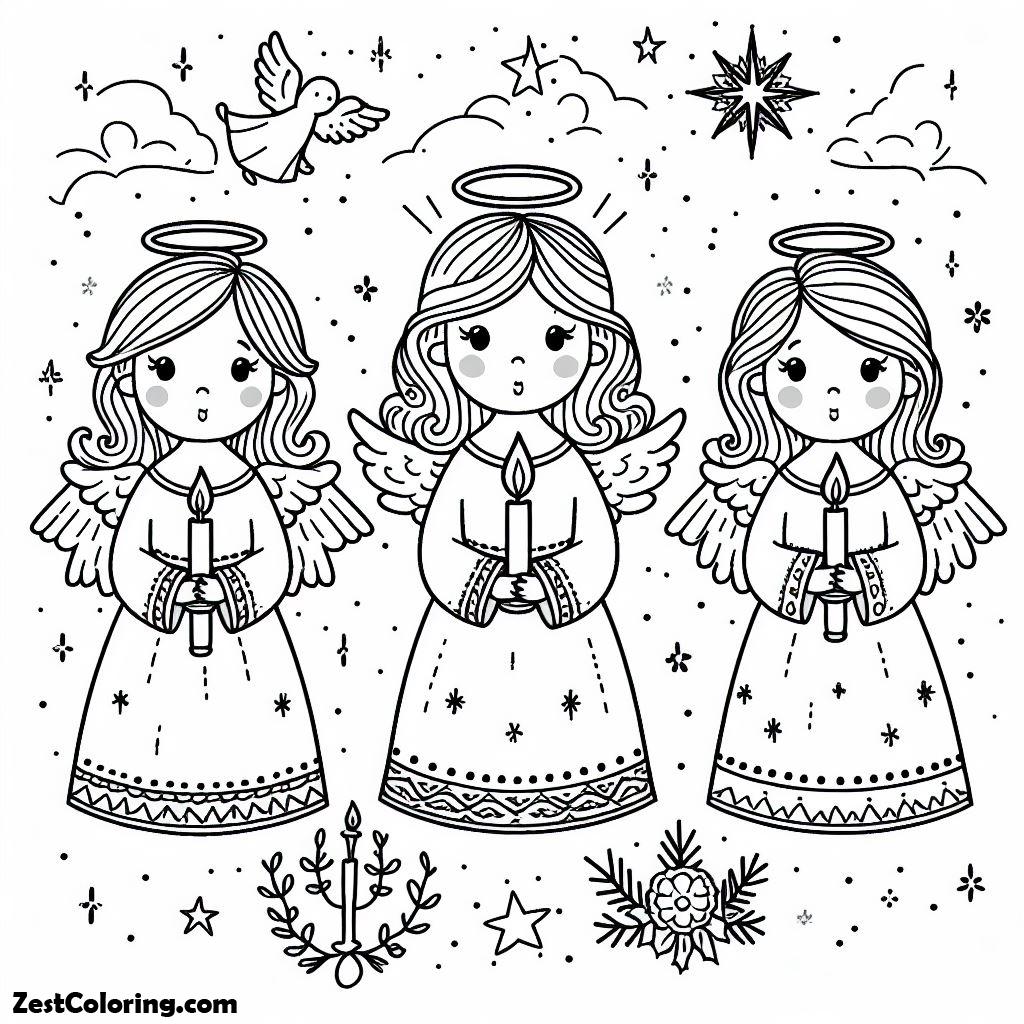 Three Cristmas Angels Bring Light Of Candle Coloring Page : Coloring ...